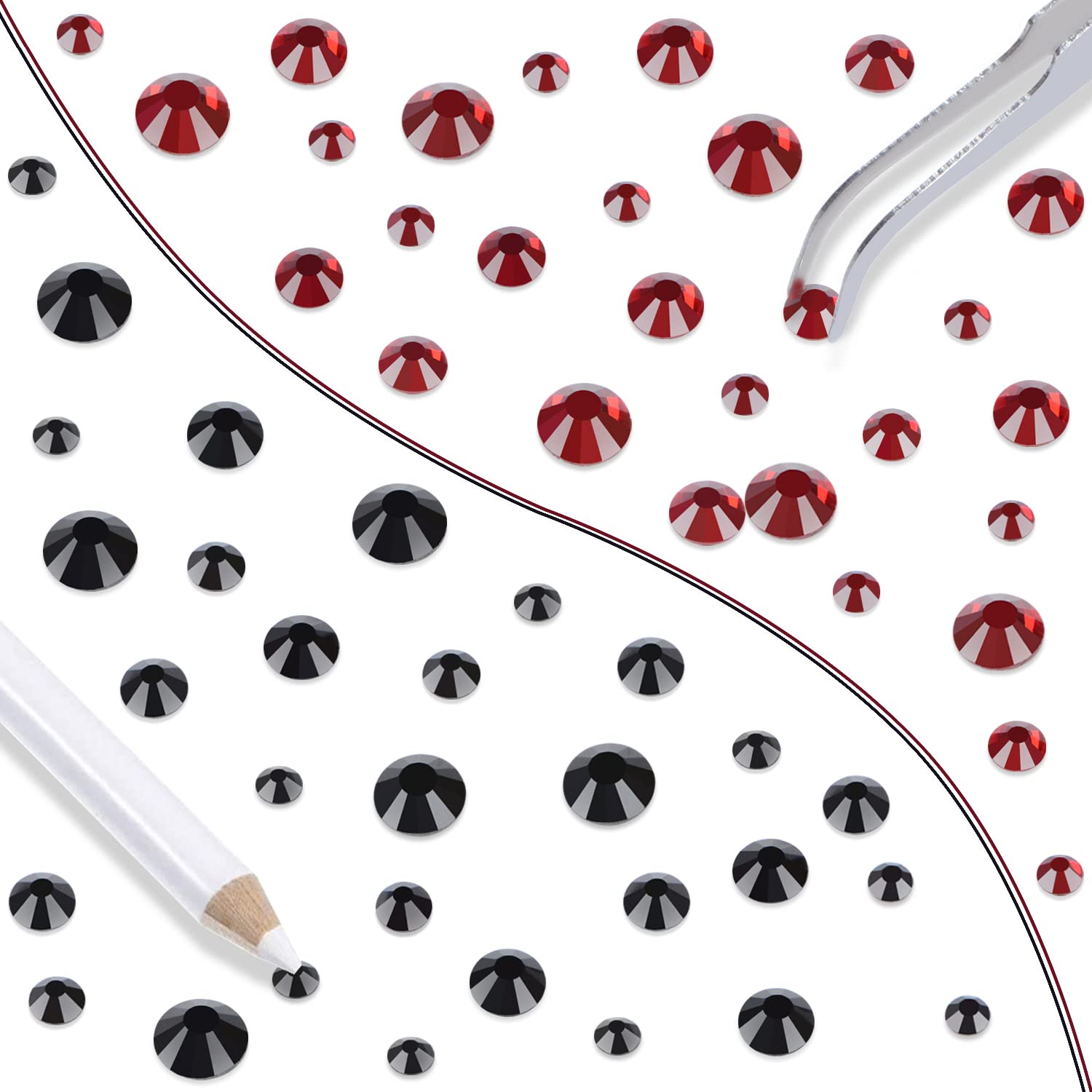 LPBeads 6400 Pieces Black and Red Hotfix Rhinestones Flat Back 5 Mixed Sizes Crystal Round Glass Gems with Tweezers and Picking Rhinestones Pen