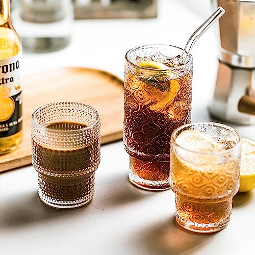 Glass Cups Vintage Glassware | Set of 4 Large, Embossed Stackable Pattern Style Transparent Cocktail Glasses Set, Ice Coffee Cup Juice Drinkware, Clear, 310ml (L)