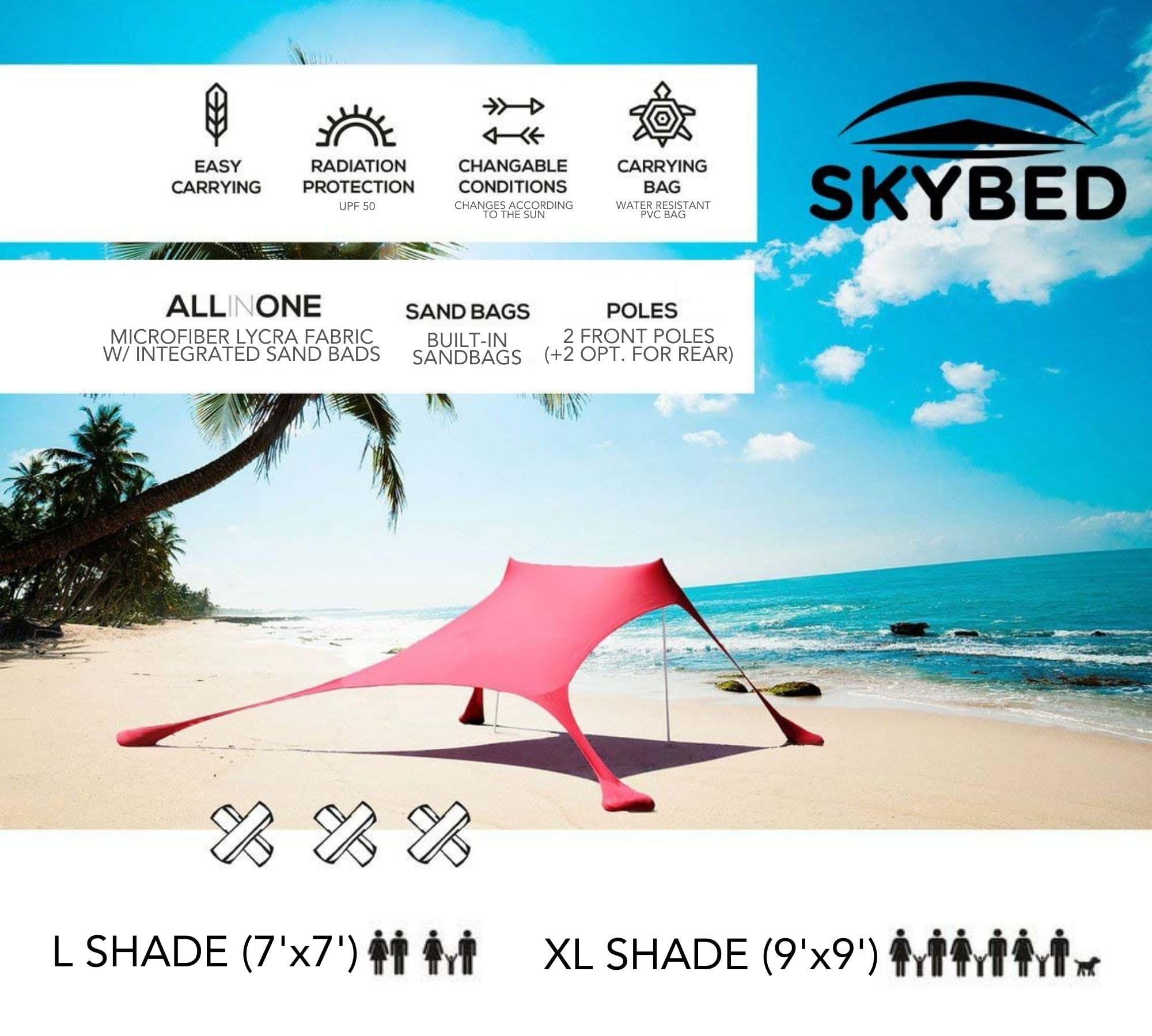 Beach Shade Sun Shelter by Skybed with Built-in Sand Bags - Lightweight, Durable, Small Pack Size - Fits in Carry-On Luggage - Easy, Simple Setup (Extra Large (9'x9' - 90" Poles), Pacific Blue)