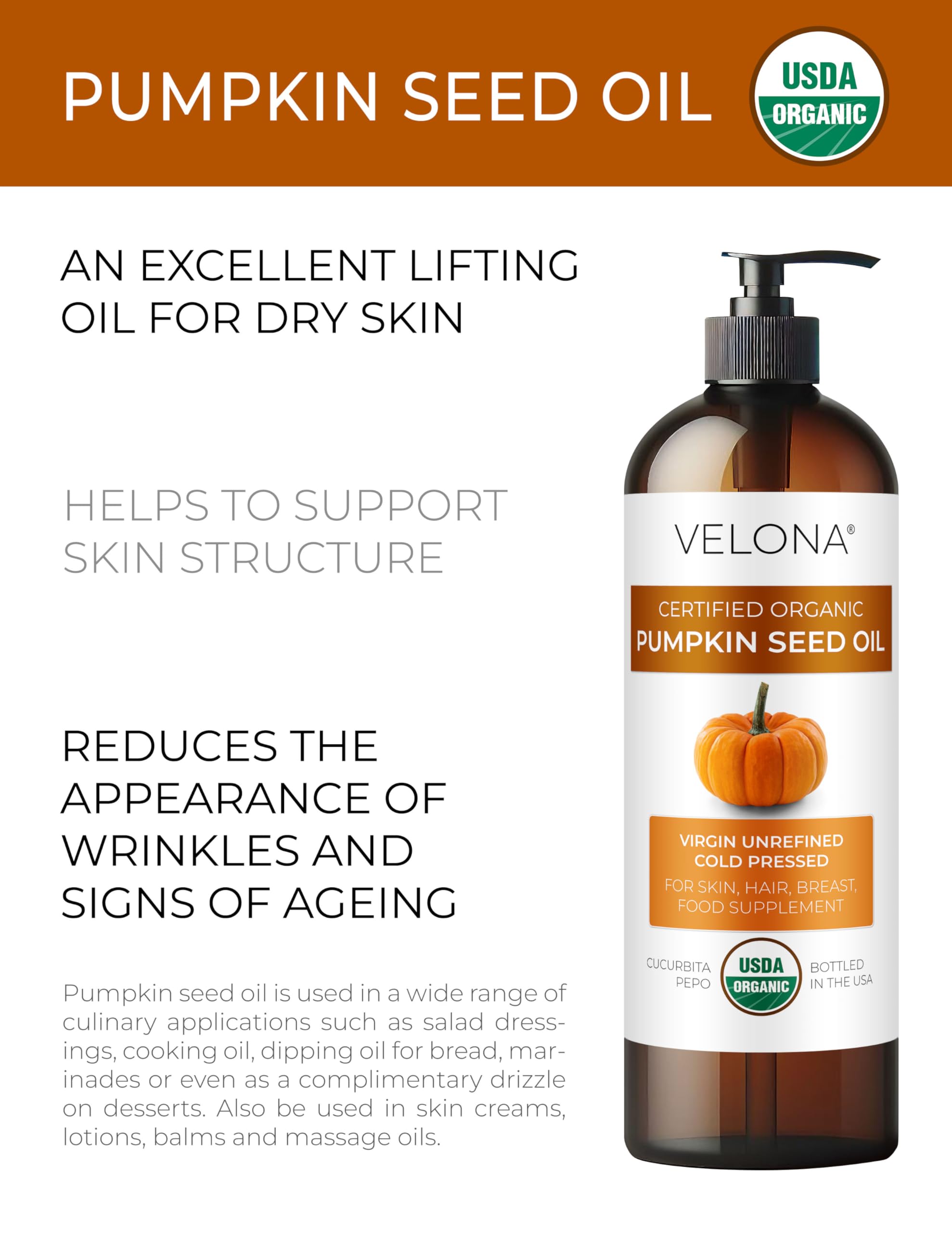 velona Pumpkin Seed Oil USDA Certified Organic - 8 fl oz | 100% Pure and Natural Carrier Oil | Unrefined, Cold Pressed