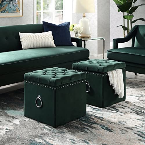 Ella Velvet Cube Storage Ottoman w/ Knob Gold Nailhead Trim, 1 Piece, Hunter Green