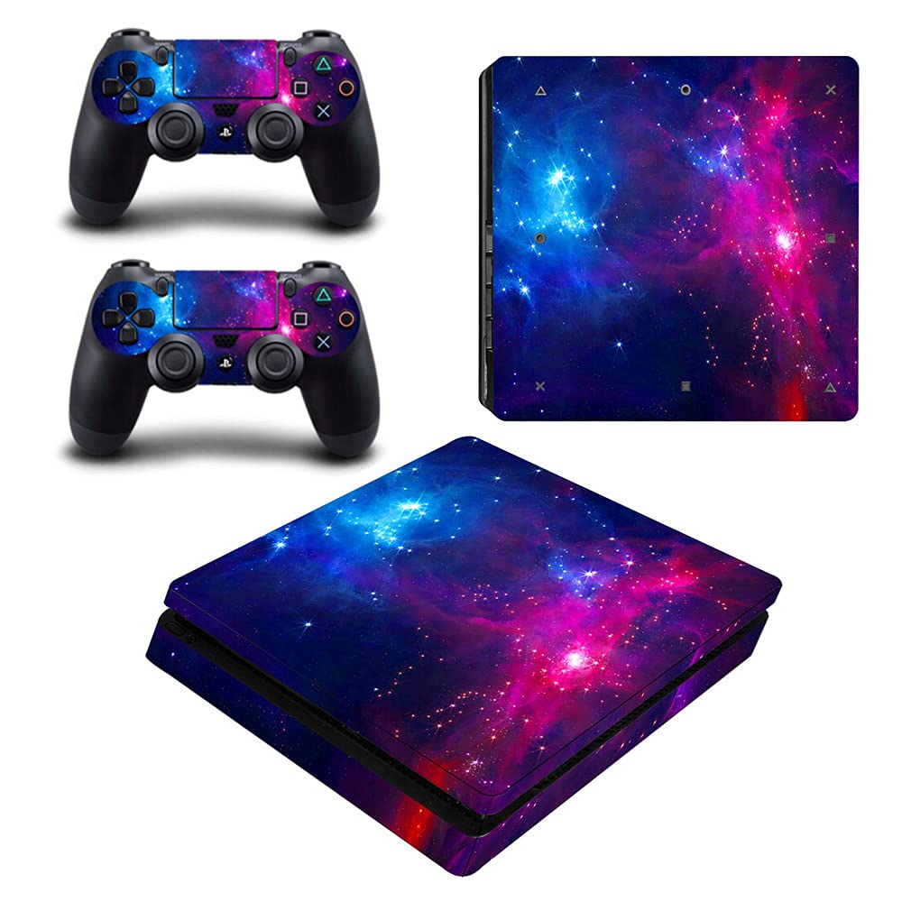 FOTTCZ Vinyl Skin for PS4 Slim Console & Controllers Only, Sticker Decorate and Protect Equipment Surface, Double Nebula