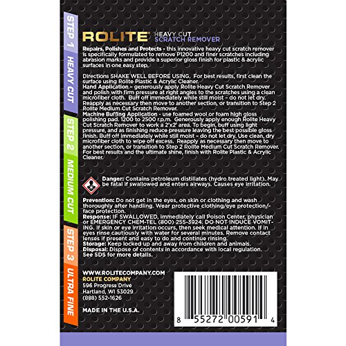 Rolite - RHCSR4z Heavy Cut Scratch Remover (4 fl. oz.) for Plastic & Acrylic Surfaces Including Marine Strataglass & Eisenglass, Headlights, Aquariums