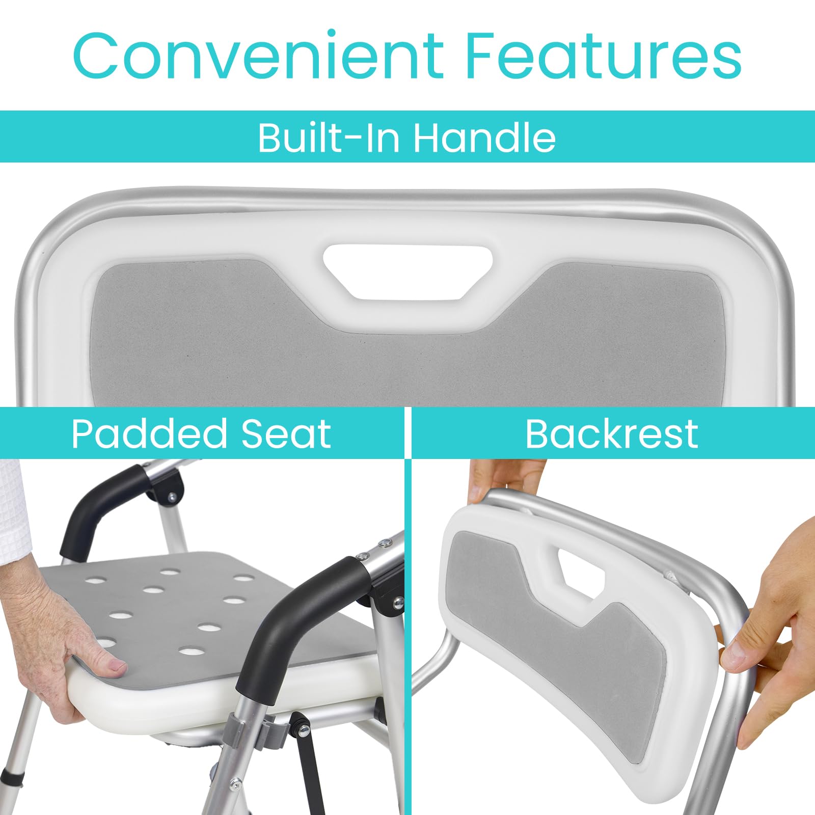 Vive Shower Chair For Elderly And Disabled - Folding Seat With Arms And Back - Foldable Bathroom Chairs For Sitting, Inside Shower - Portable For Travel - Fold Down, Collapsible, Compact & Comfortable