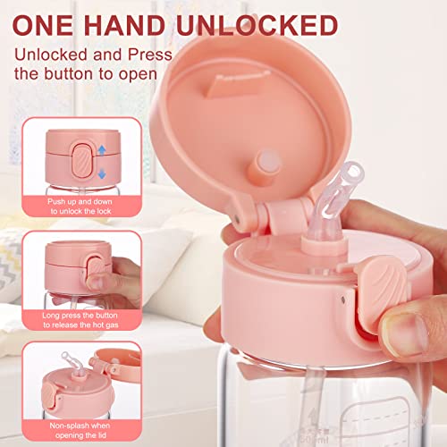 Glass Water Bottle with Straw,Handle Lid and Measurement Scale Silicone Sleeve , Portable Transparent Leak Proof Handy Cup Container for Sport Outdoors Vacation Travel Office ,450ML/15oz (Pink)