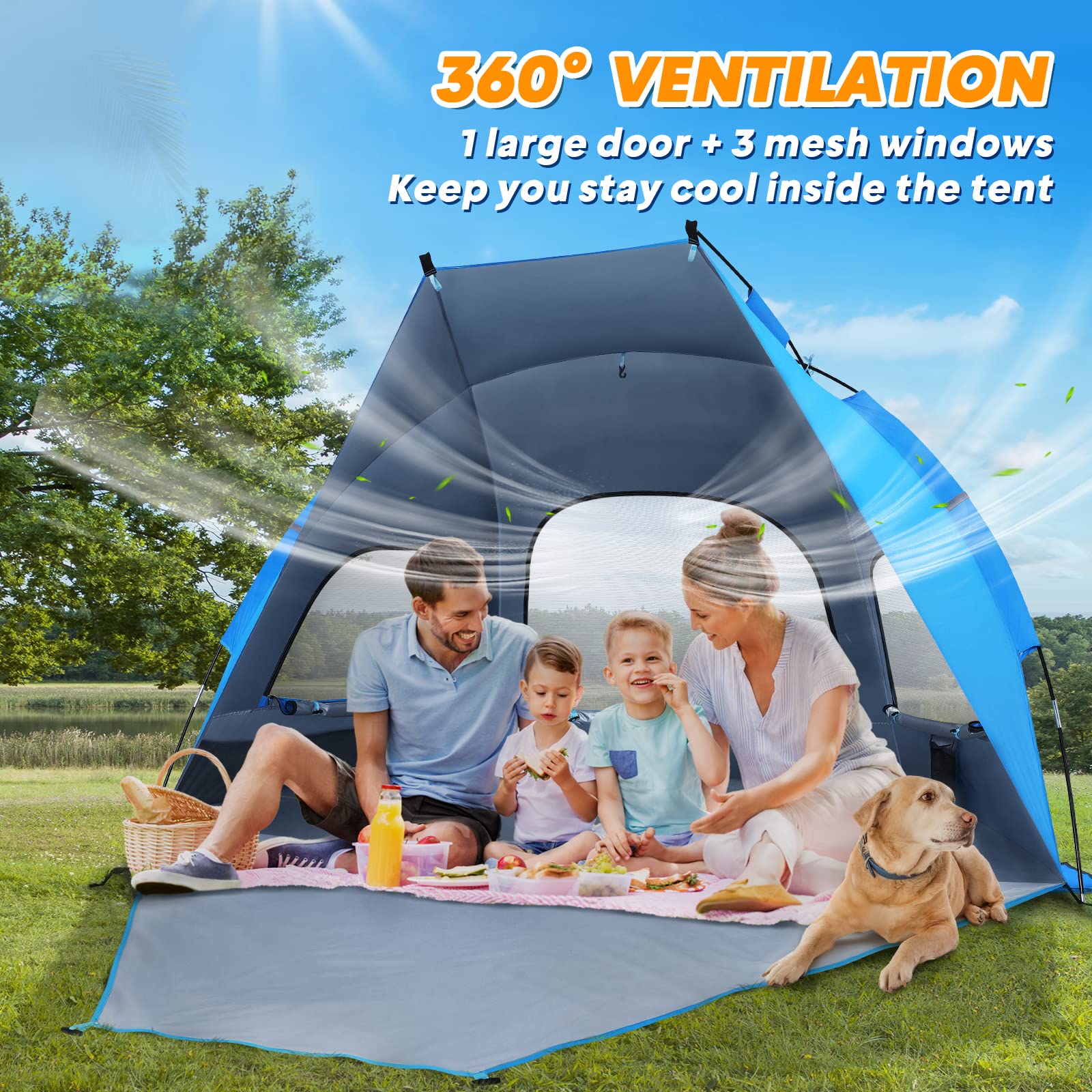 Beach Tent Sun Shade Shelter: 3-4 Person Large Anti-UV Windproof Portable Lightweight Tent Canopy Cabana with Extendable Floor Outdoor