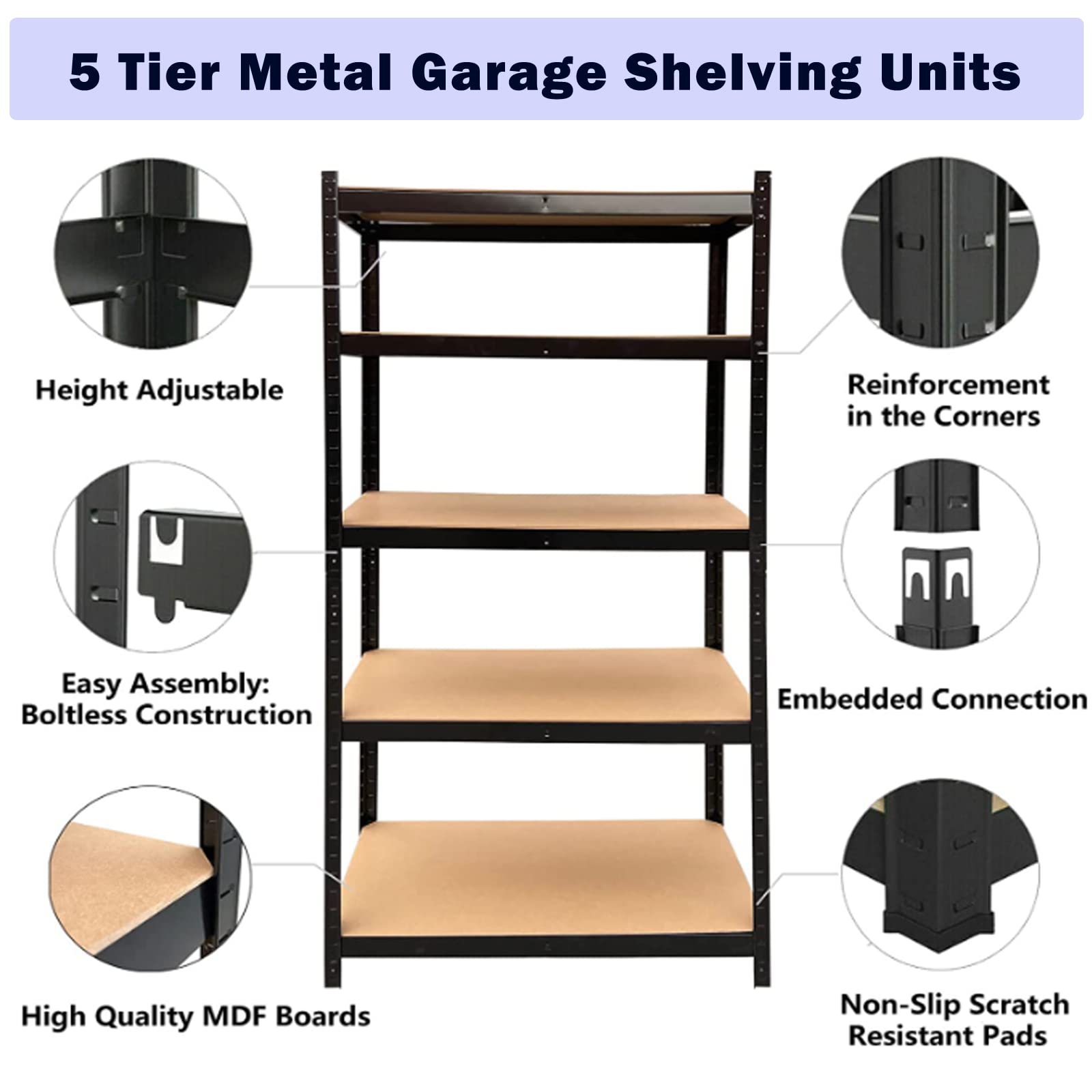VickyHome Heavy Duty 5 Tier Storage Metal Shelf Unit, Adjustable Utility Rack Shelves with MDF Boards, Organization Multipurpose Shelf for Shed, Workshop, Warehouse, 875KG Capacity