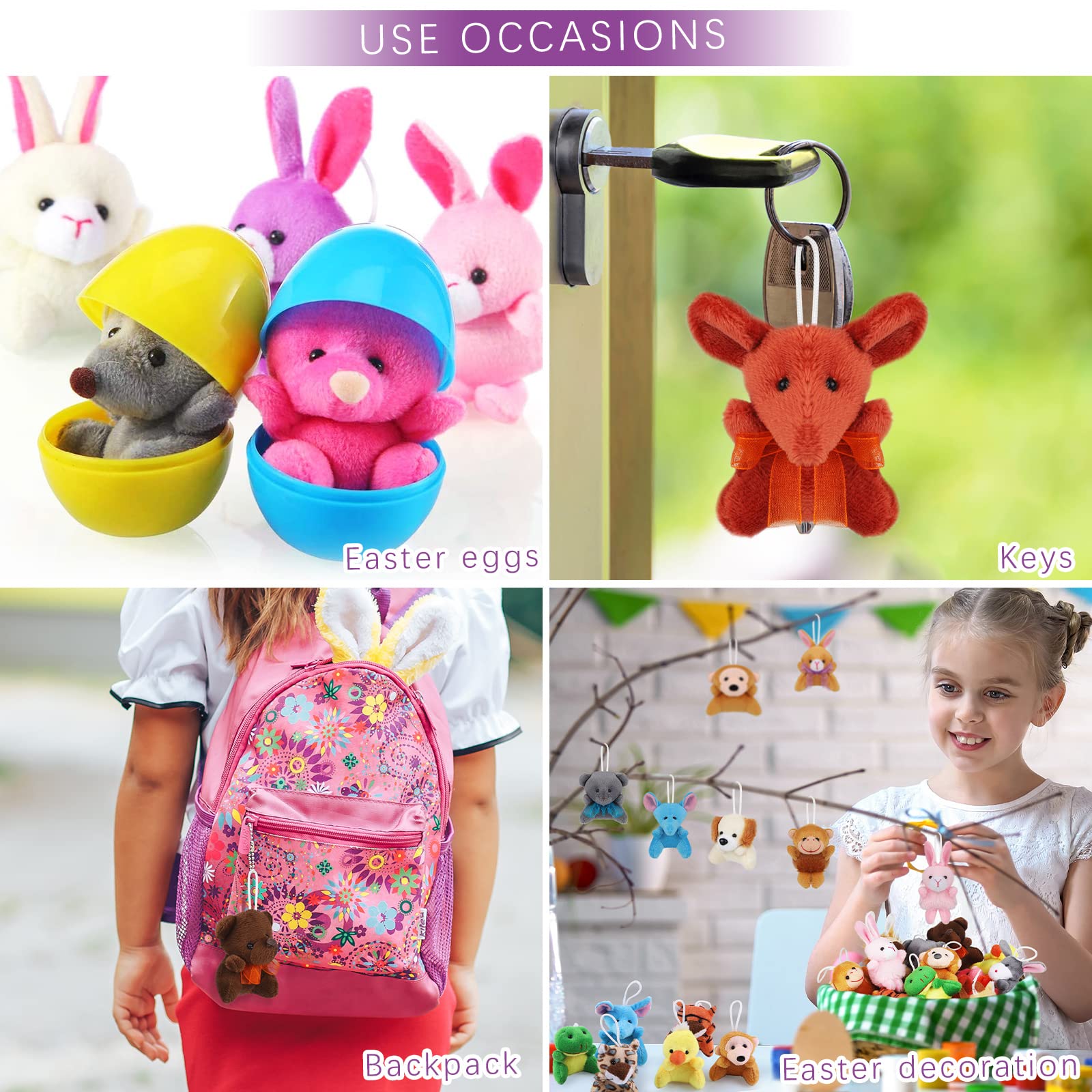Fovths 24 Pieces Mini Plush Animals Toys Set Cute Small Stuffed Animal Keychain Set for Easter Hunts, Basket Stuffers, Easter Party Favor, Goodie Bag Fillers, 2.4 Inches