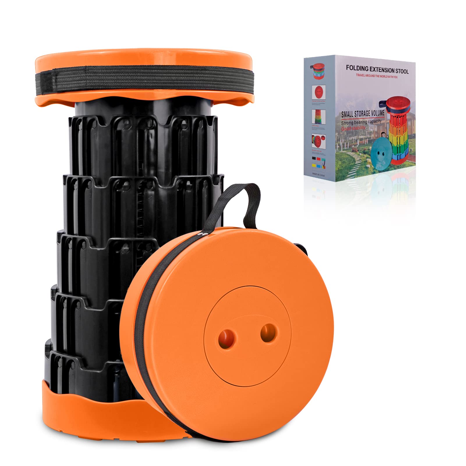 Aselpida Retractable Folding Stool, 400lbs Collapsible Adults Folding Stools, Telescoping Stool for Camping Fishing Hiking Garden Travel Adjustable Lightweight (Orange)