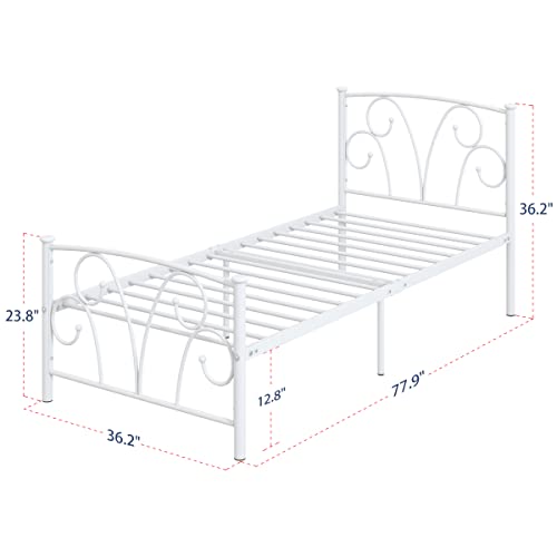 Elephance Twin Bed Frame with Headboard, Metal Platform Bed Frame with 12 Inch Storage Space No Box Spring Needed (White)