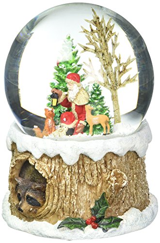 Glitterdomes 100mm Musical Glitter Dome, Features Santa with Woodland Animals on a Tree Like Base with a Racoon Peeking Out, 5.75-Inch