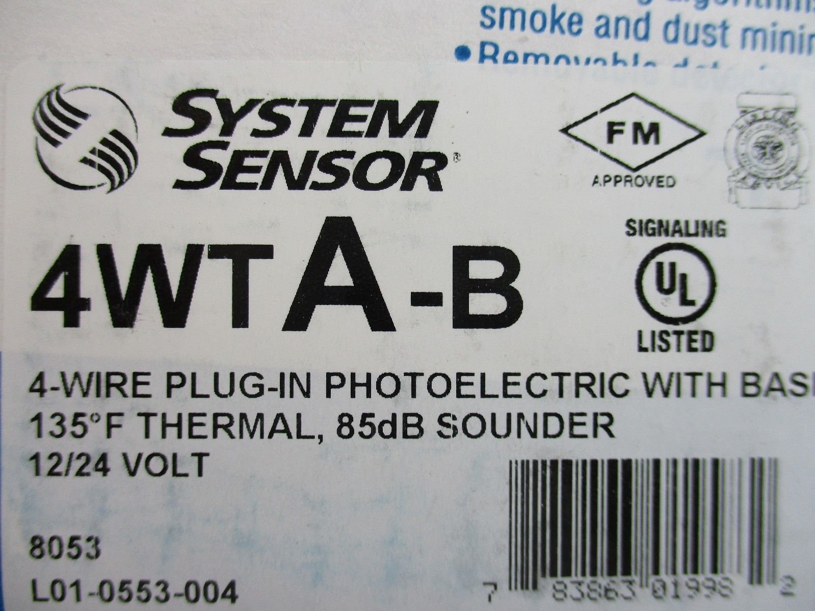 SYSTEM SENSOR 4WTA-B 4WTAB 12/24 VDC, Photoelectric Smoke Detector with Thermal, Sounder, and Base