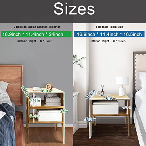 LASUAVY Bamboo Nightstands Set of 2 – Stackable Side Tables with Open Storage Compartment – Rustic Wood Bedside Tables for Bedroom, Living Room, Nursery – Modern and Versatile,Natural