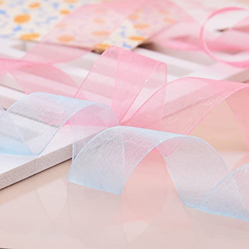 Hapeper 2 Rolls 1 Inch Sheer Organza Chiffon Ribbons for Gift Wrapping DIY Crafts Party Decoration, 50 Yards/ Roll (Pink, Light Blue)