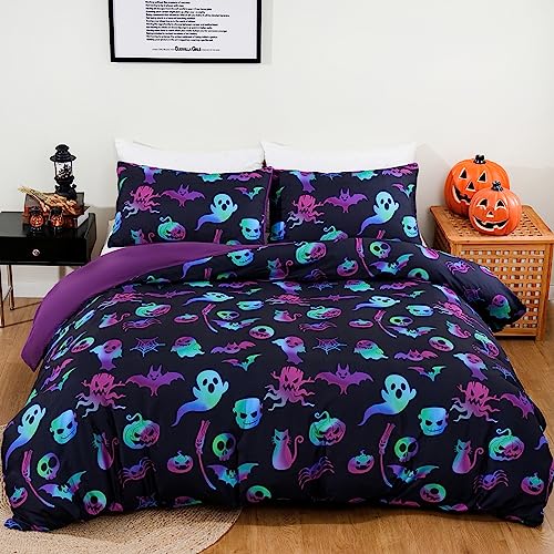 Halloween Duvet Cover Set Queen,3 Pieces Black Skull Pumpkin Comforter Cover Set with 2 Pillowcases Ghost Festival Themed Bedding Set Queen90 x90(Not Comforter)