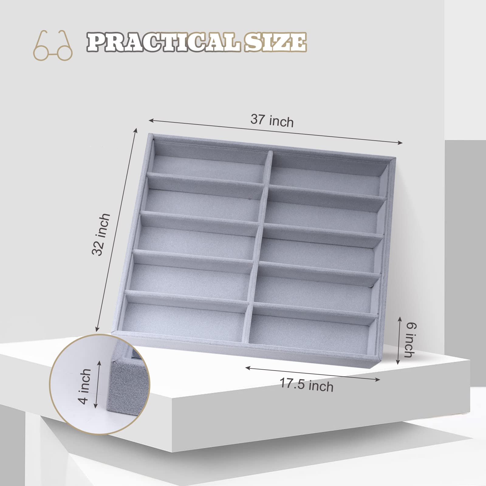 ATROPOS 2 Pieces 10 Grids Sunglasses Organizer Velvet Gray Sunglasses Display Tray Eyeglass Storage Case for Home (Gray)