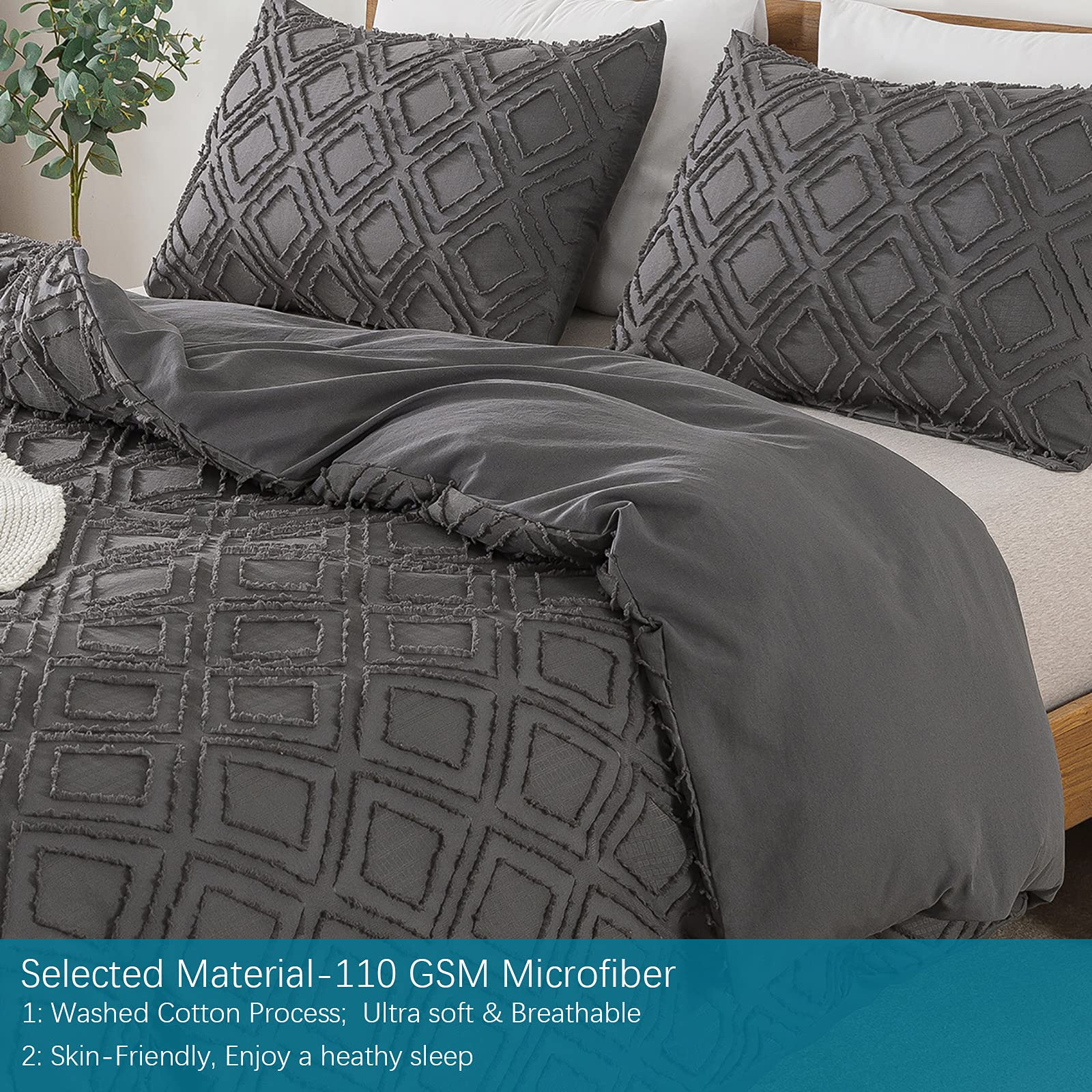 Lamourbear Jacquard & Tufted Geometric Grey Duvet Cover Queen Size Bedding Set, Soft, All Seasons, with Double-end Sliders Zipper Closure, 8 Ties, 3 Pieces (2 Pillowcase, 1 Duvet Cover), Q Dark Grey