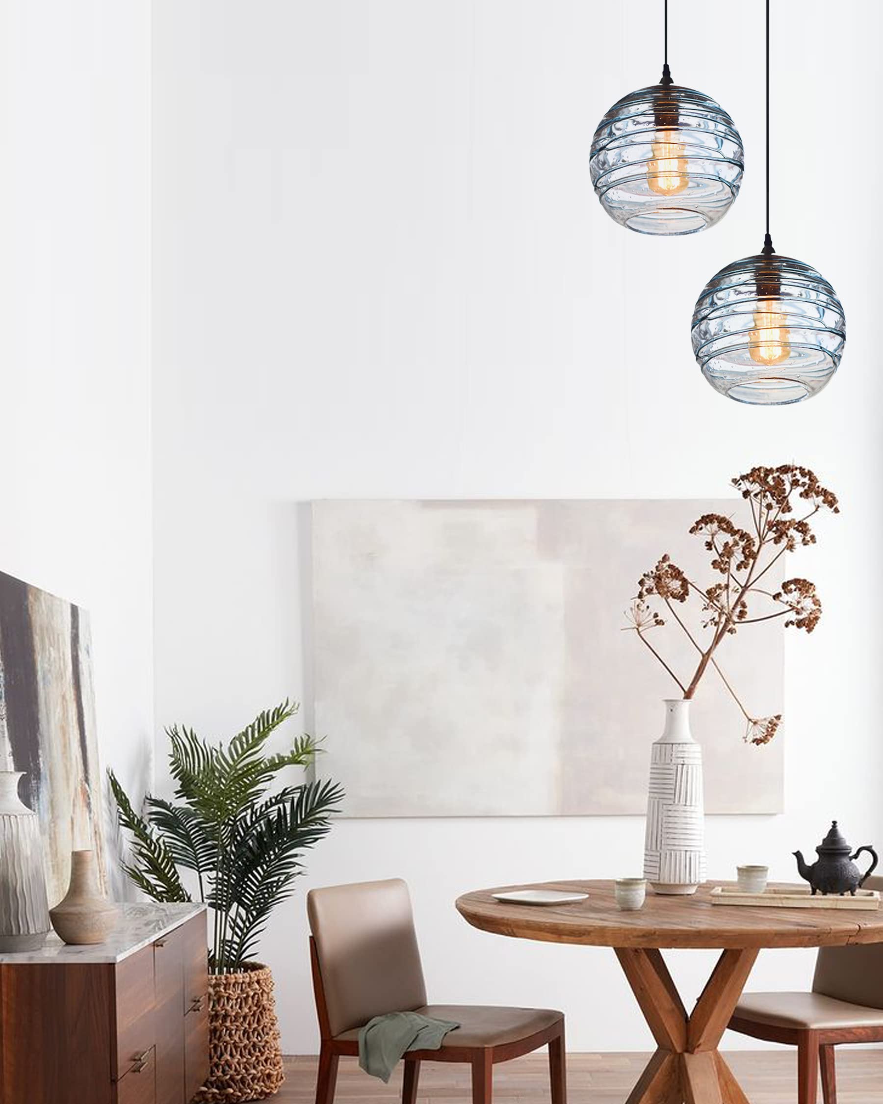 ARIAMOTION Pendant Lights Dining Room Coastal Lighting Fixtures Blue Stripe Seeded Glass Modern Style Ceiling Hanging Kitchen Island Beach House Sunroom Hallway Globe Lamp 9 Inch 2 Pack