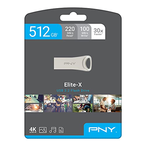 PNY 512GB Elite-X USB 3.2 Flash Drive - 220MB/s, Durable Premium Metal Housing, for Storing, Sharing, and Protecting Important Content, P-FDI512ELTX-GE, Silver