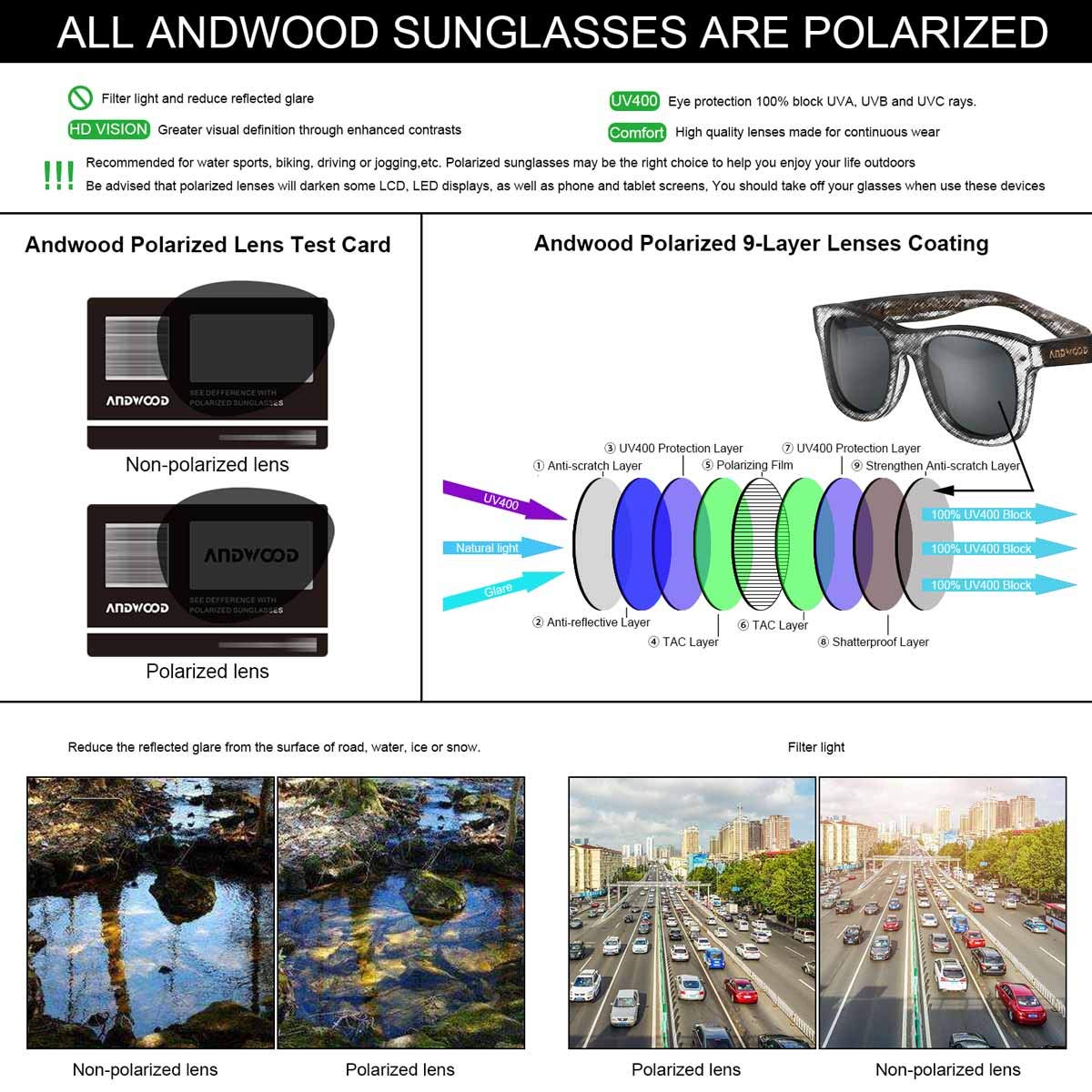 ANDWOOD Bamboo Sunglasses Floating for Men Women Wood Sunglass Wooden Frame Polarized Vintage Black Handmade
