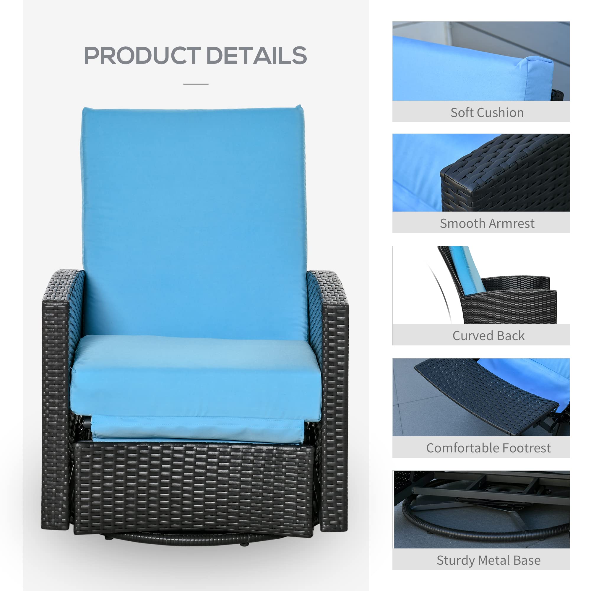 Outsunny Outdoor Wicker Swivel Recliner Chair, Reclining Backrest, Lifting Footrest, 360° Rotating Basic, Water Resistant Cushions for Patio, Light Blue