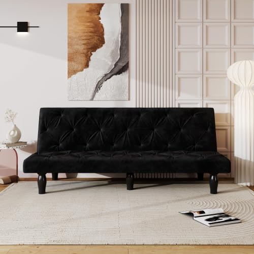 Anwickmak Velvet Convertible Futon Sofa Bed, Mid Century Green Fabric Couch, Sleeper Loveseat with Golden Metal Legs, Couches for Small Spaces (Black)