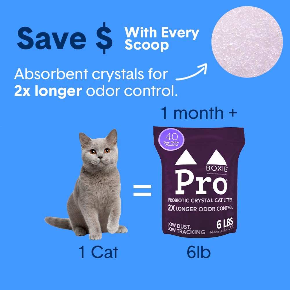Boxie® Pro™ 40 Day Probiotic Odor Control Non-Clumping Crystal Cat Litter, 6 lb, Self-Cleaning, MicroDry™ Crystals, 99.9% Dust-Free, Long-Lasting, Health Benefits for Multi-Cat Homes