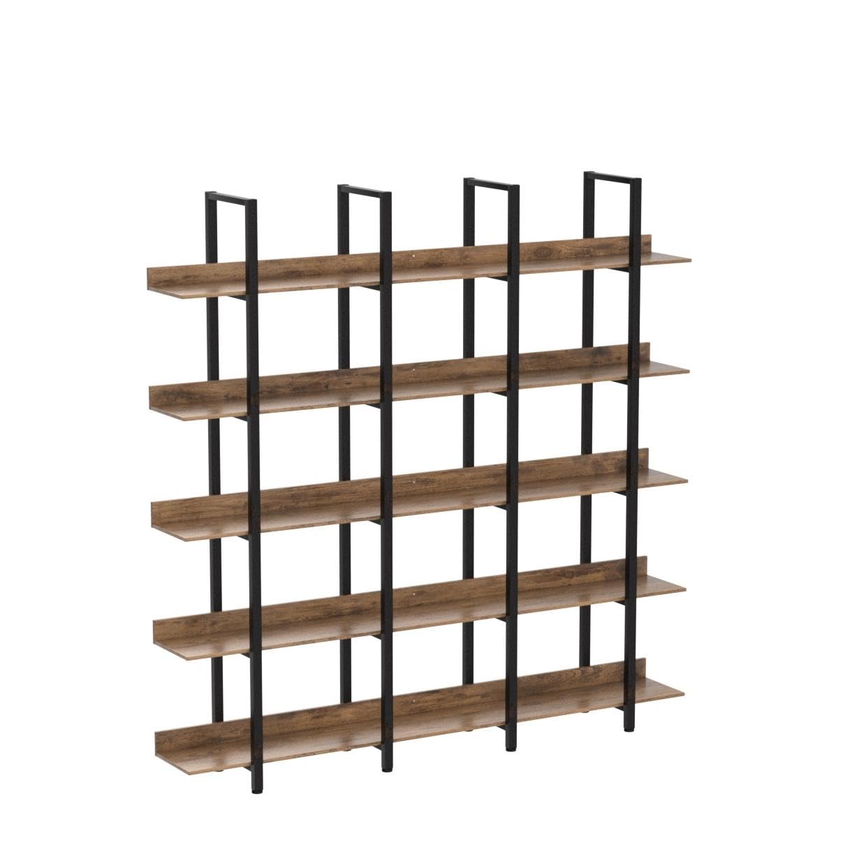 GNIXUU Triple Wide Bookshelf 5-Tier, Industrial Display Bookcase with Metal Frame, Tall Open Storage Book Shelves for Bedroom Living Room Office (Rustic Brown)