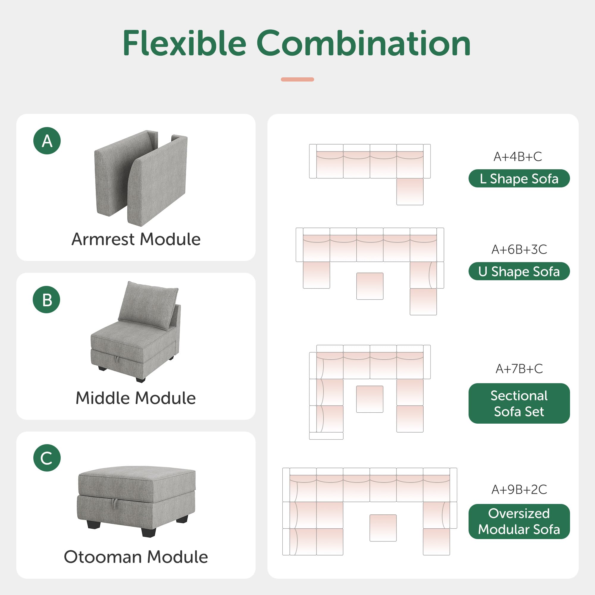 HONBAY Modular Sectional Sofa U-Shaped Sectional Couch with Storage Seats, Convertible Sectional Couch Modular Sofa, Grey