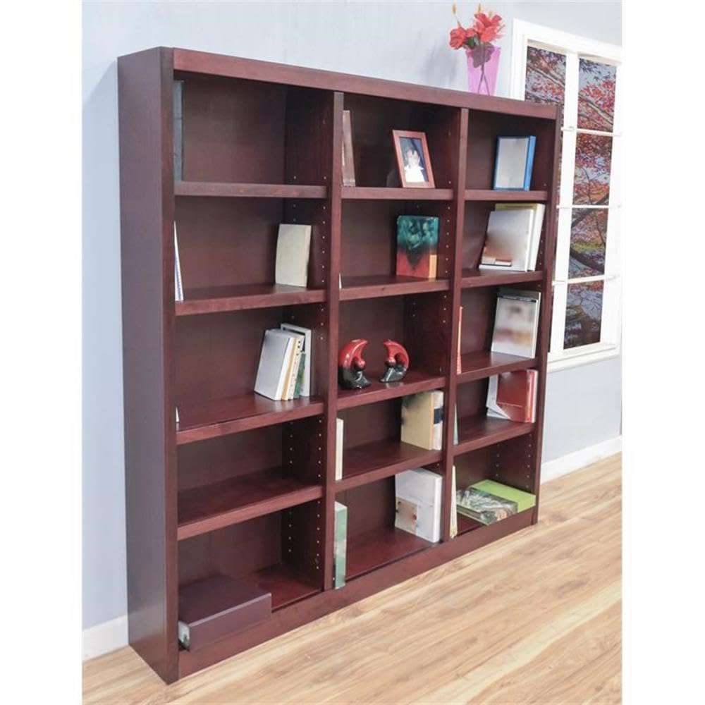 BOWERY HILL 72" Traditional Triple Wide Wood Bookcase with 12 Adjustable Shelves and 3 Fixed Shelves, Ready for Assembly, for Home/Office Use, in Cherry Finish