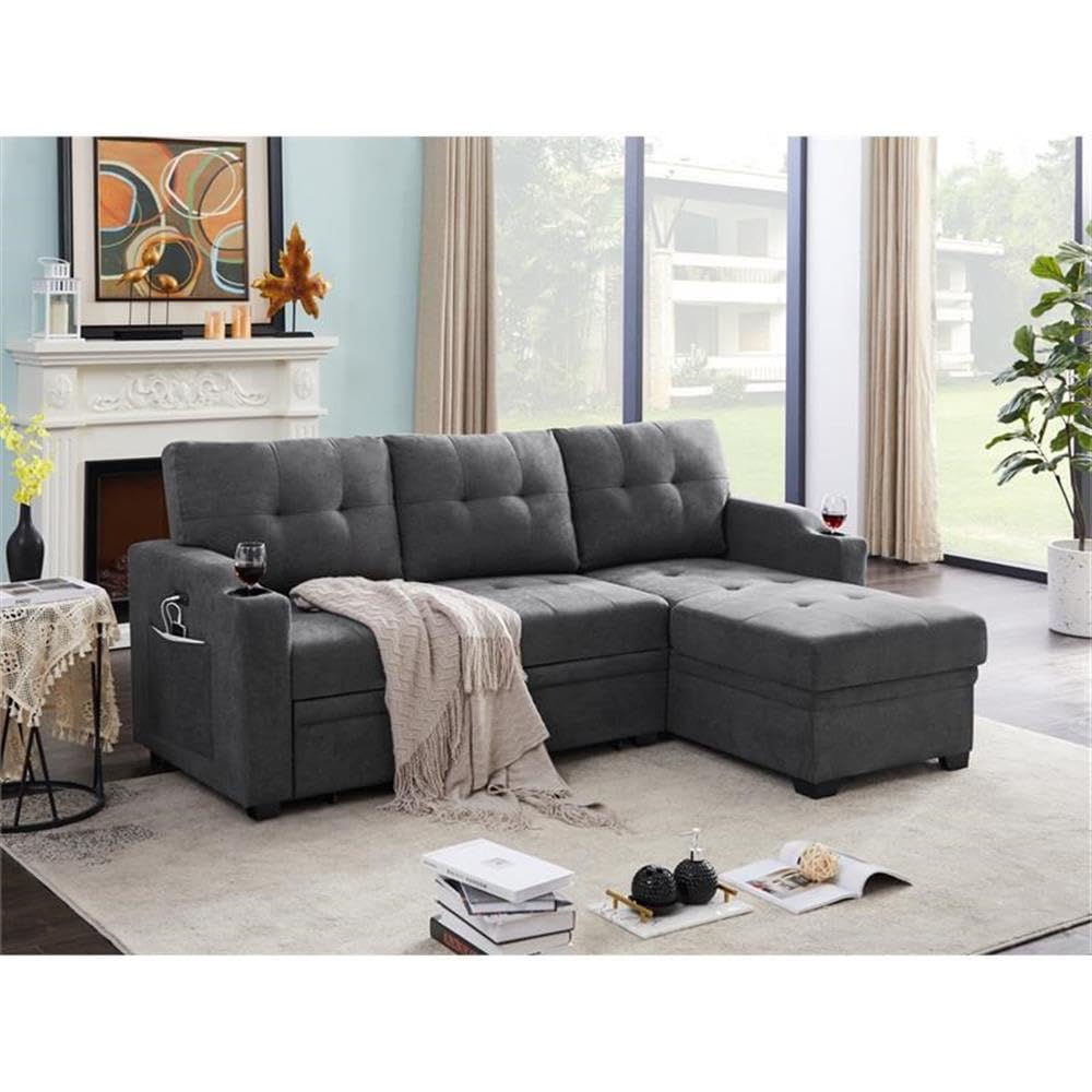 BOWERY HILL Dark Grey Woven Fabric Sleeper Sectional with USB Port