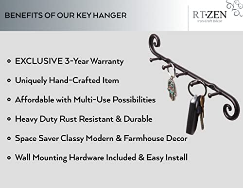 RTZEN Farmhouse Small Key Holder for Wall - Handcrafted Swirl Decorative 5 Key Hooks for Home Entryway - Wrought Iron Black Wall Mount Key Rack Purse Coat and Leash Holder or Organizer (Classic)