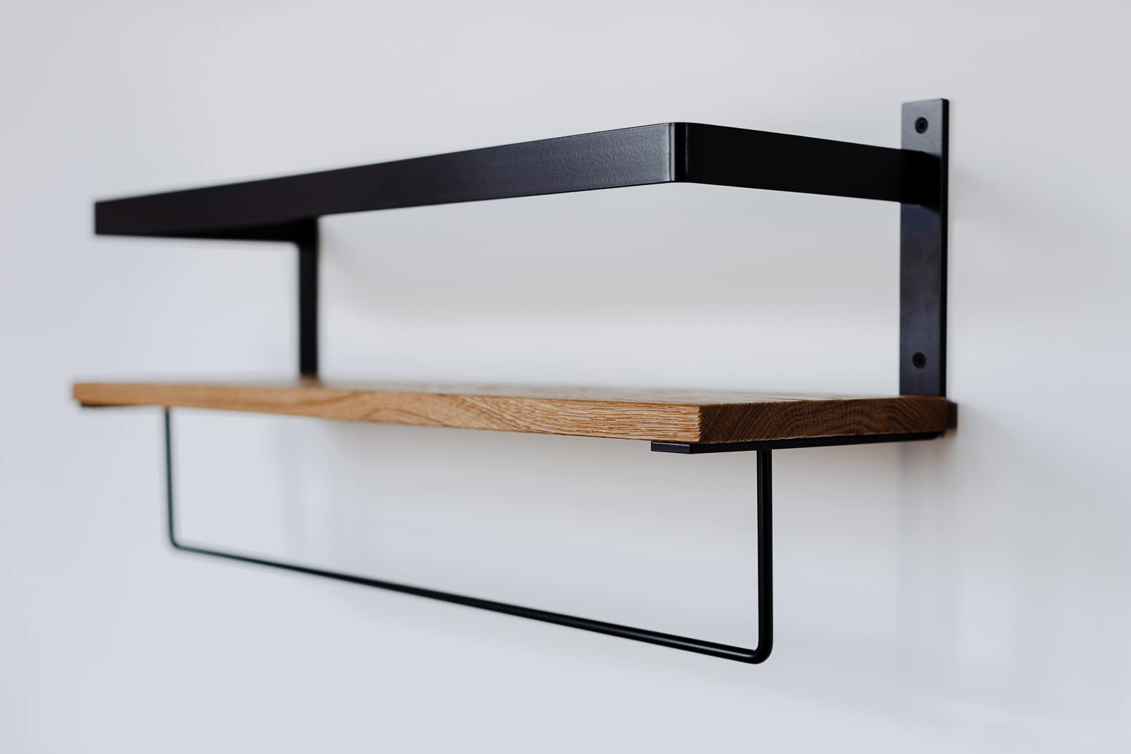 Wood Floating Shelves with Metal Towel Bar, Oak Kitchen Wall Storage Towel Rack, Bathroom Towel Holder, Wall Mounted Steel Towel Rack ETHIMO Bold I
