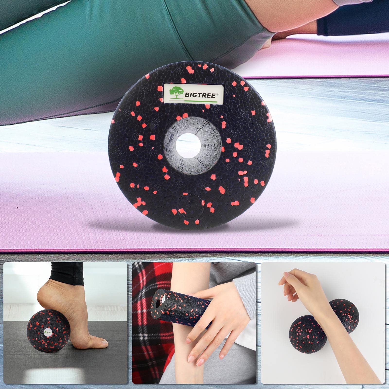 BIGTREE4 in 1 Roller Set-High Density Back Roller, Muscle Roller Stick 2 Foot Fasciitis Ball Stretching Strap Peanut Massage Ball for Whole Body Physical Therapy & Exercise Back Pain Leg Deep Tissue
