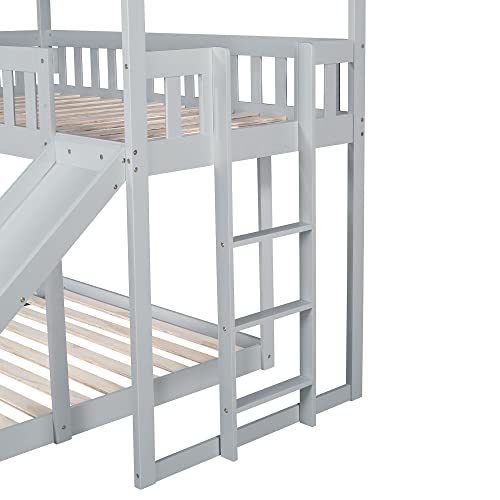 GLORHOME Twin Over Full House Bunk Bed, Detachable to Floor Bedframe and A Loftbed, with Slide, Built-in Ladder,Full-Length Guardrail for Kids Adults,Roof can be Decorated