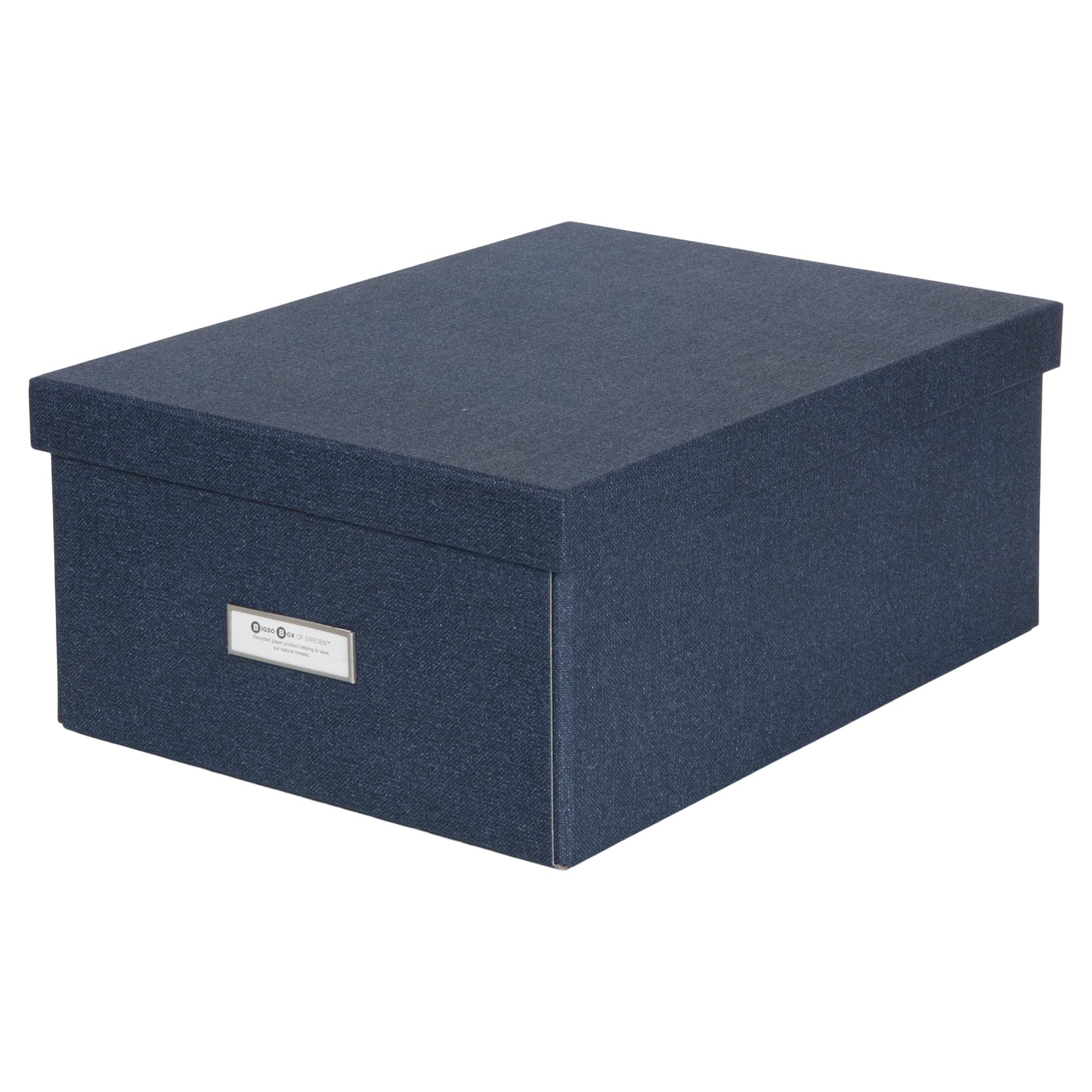Bigso Katia KD Collapsible Storage Box | Photo Storage Box with Labelframe for Easy Identification | Simple Assembly without Tools | Decorative Storage Boxes with Lids | 11.3"x15.4"x6.4" | Blue