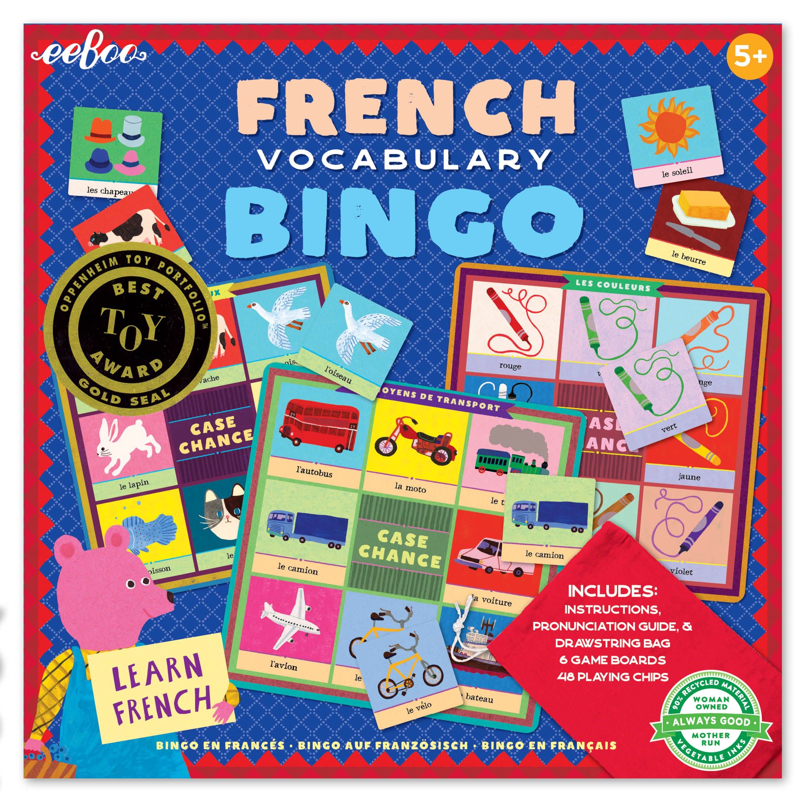 eeBoo: French Bingo Vocabulary Game, Includes- Pronunciation Guide & Drawsting Bag, 6 Game Boards, 48 Playing Chips, 2 to 6 Players, for Ages 5 and up