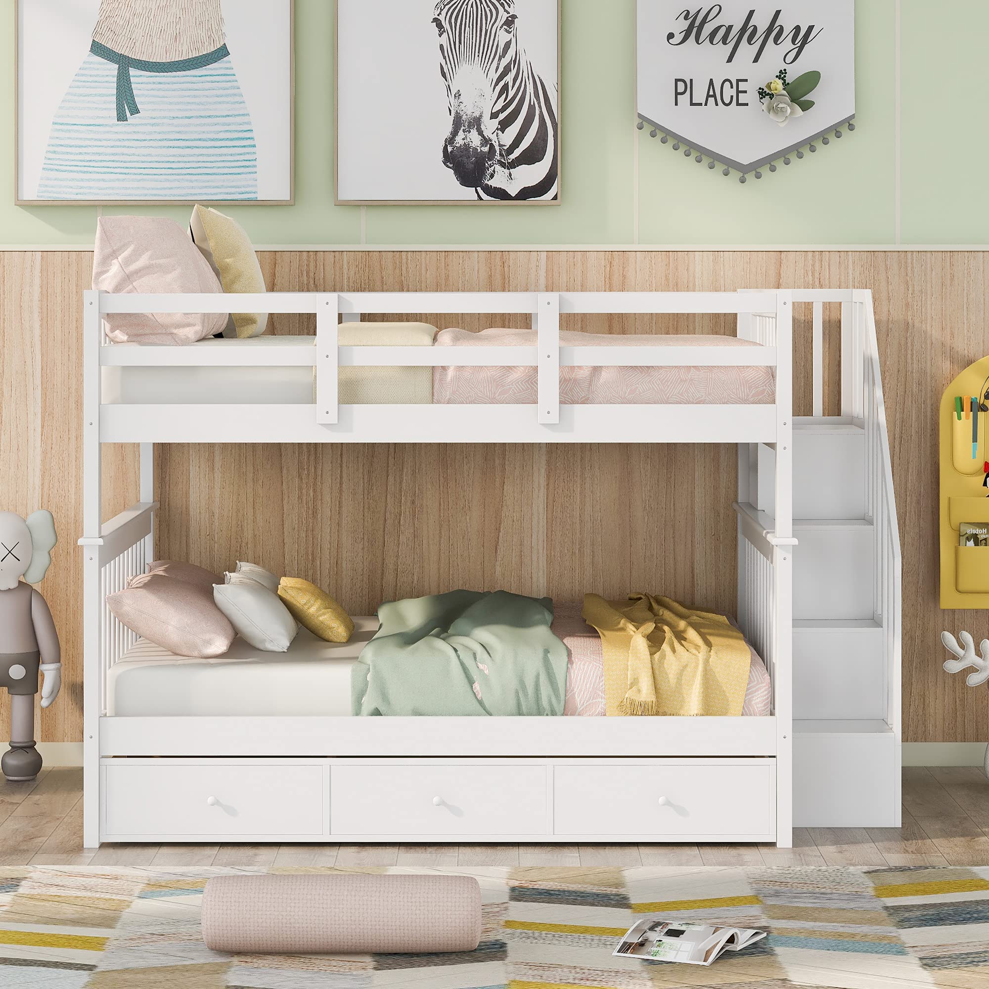 Harper & Bright Designs Full Over Full Bunk Beds with Storage Drawers and Stairs Wood Bunk Bed Frame for Kids Boys Girls Teens, White
