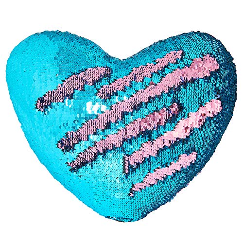 Play Tailor Sequin Heart Pillow with Insert Heart Shaped Reversible Sequins Pillows Decorative Cushion (13" X 15",Bright Green+Pink)