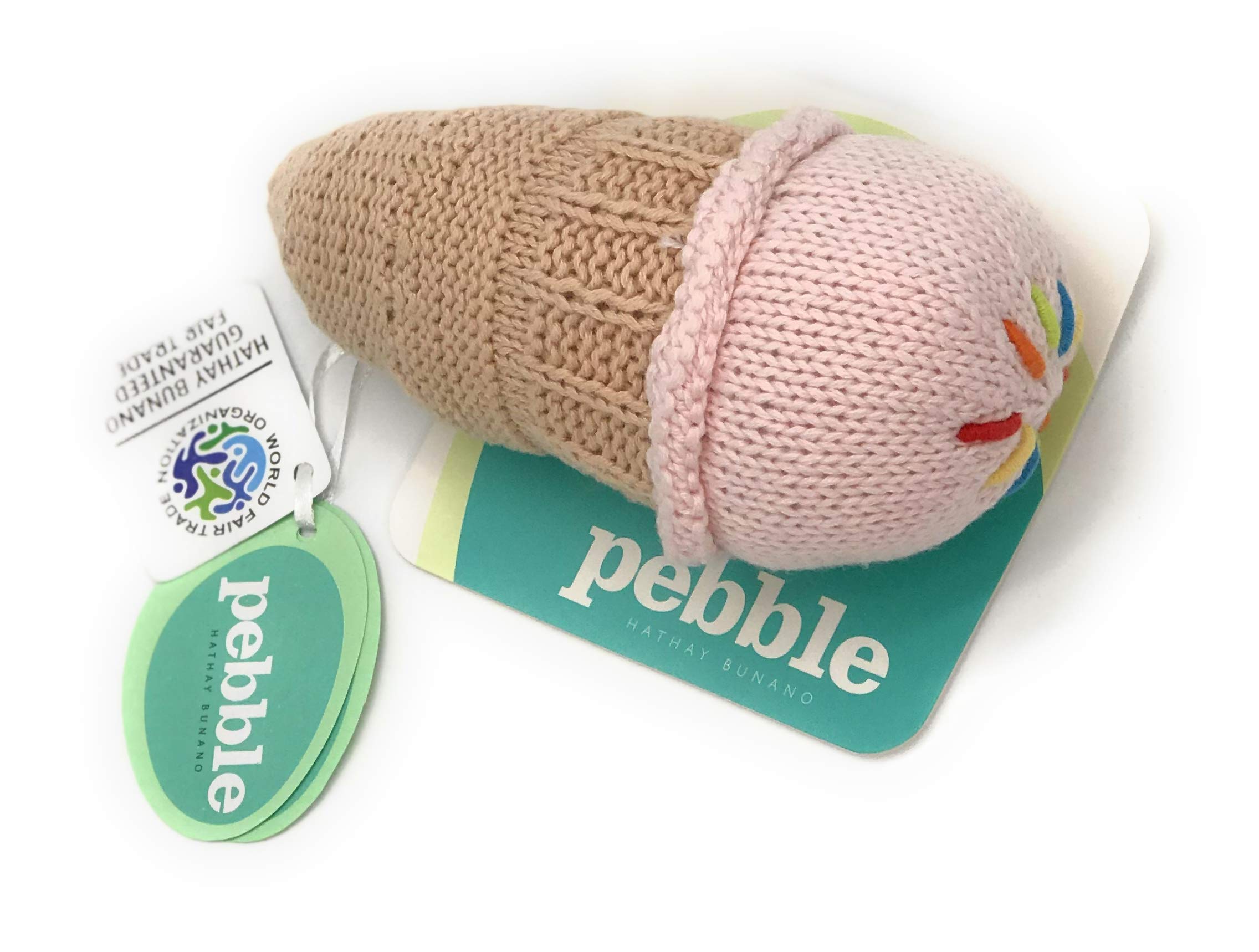 Pebble | Handmade Ice Cream Cone Baby Rattle with Sprinkles—Pink/Strawberry | Knitted Baby Toy | Fair Trade | Play Food | Machine Washable