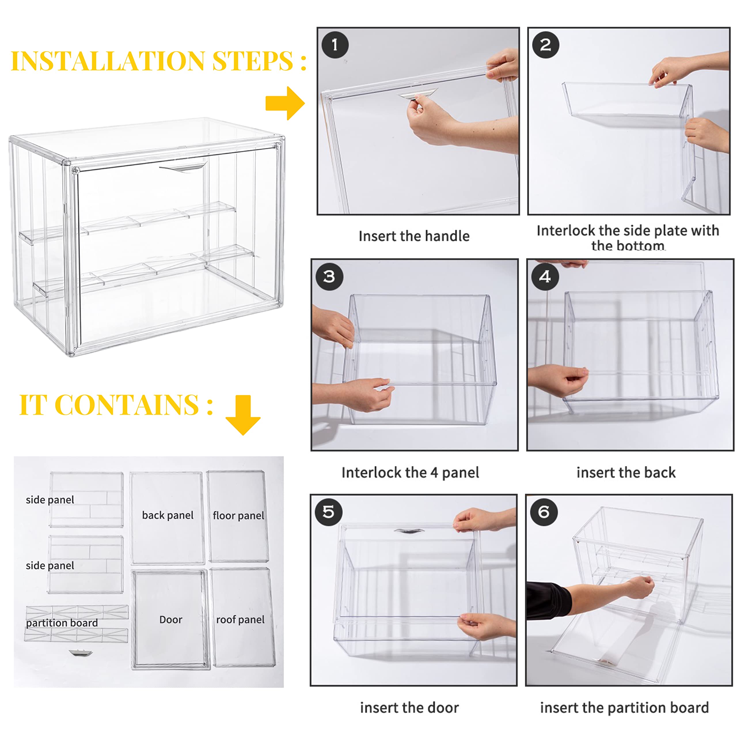 Attelite Clear Acrylic Display Case,3 Tier Display Shelf with 2 Movable Plate, Stackable Protection Showcase for Action Figures, Display Storage Box Countertop with Magnetic Door