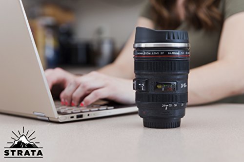 STRATA CUPS Camera Lens Coffee Mug -13.5oz, SUPER BUNDLE! (2 LIDS + SPOON) Stainless Steel Thermos, Sealed & Retractable Lids! Photographer Camera Mug, Travel Coffee Cup, Coffee Mugs for Men, Women