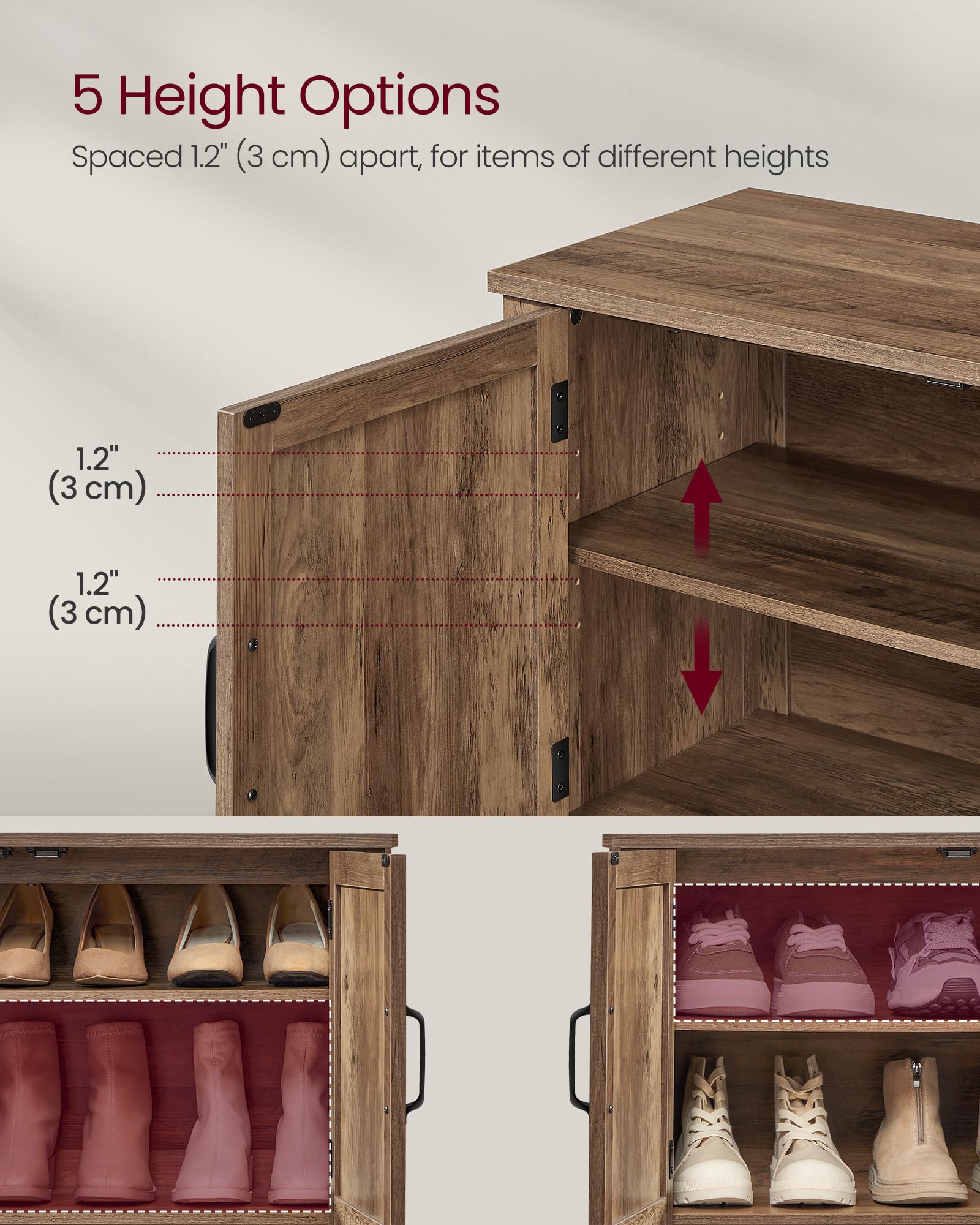 VASAGLE Shoe Cabinet, 3-Tier Shoe Storage Organizer, Shoe Shelf, Traditional American, Freestanding Cabinet with Height-Adjustable Shelf, 13.8 x 31.5 x 27.6 Inches, Entryway, Honey Brown ULBC038B01