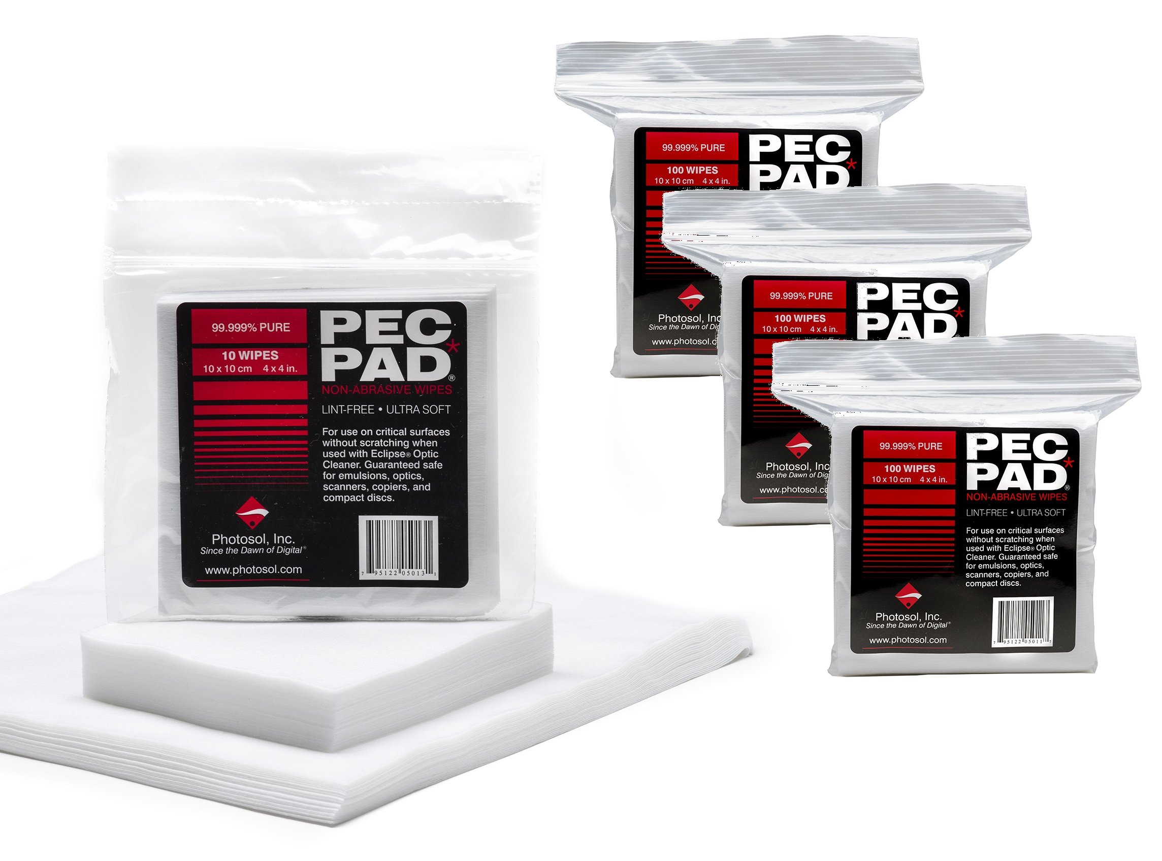 PEC-PAD Lint Free Wipes 4”x4” Non-Abrasive Ultra Soft Cloth for Cleaning Sensitive Surfaces like Camera, Lens, Filters, Film, Scanners, Telescopes, Microscopes, Binoculars. (100 Sheets Per/Pkg) 4-Pack