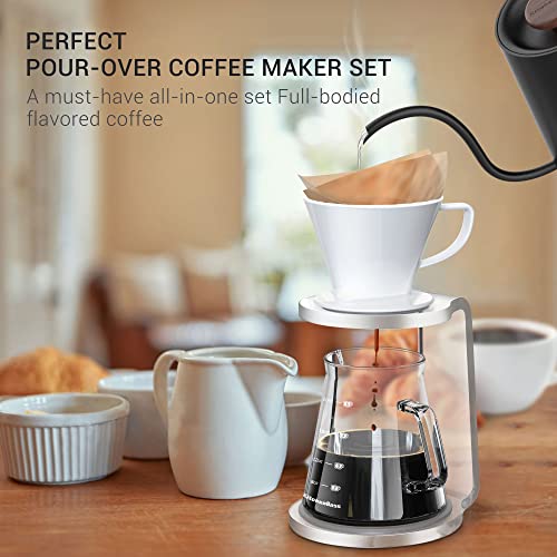 KitchenBoss Pour Over Coffee Maker Set Pour Over Stand Set | White Ceramic Dripper | 600ml/20oz Glass Server | Non-slip Stand | Home Office Coffee Maker Kit 5 Cup