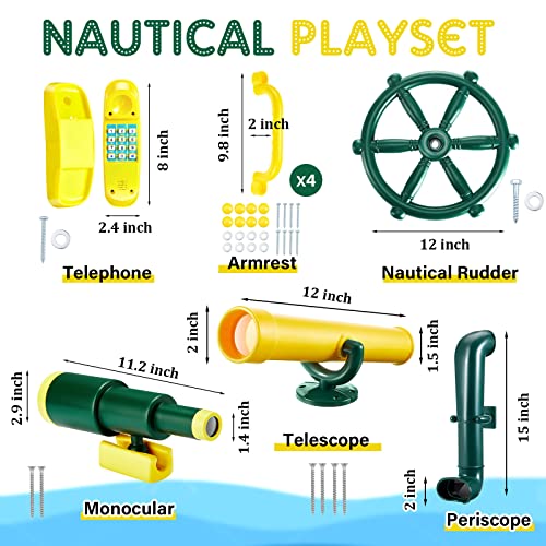 Playground Accessories Swing Set Pirate Plastic Playground Equipment Set with Plastic Wheel, Telescope, Periscope, Telephone, Safety Handle Bars for Outdoor Playhouse Treehouse (Yellow, Green)