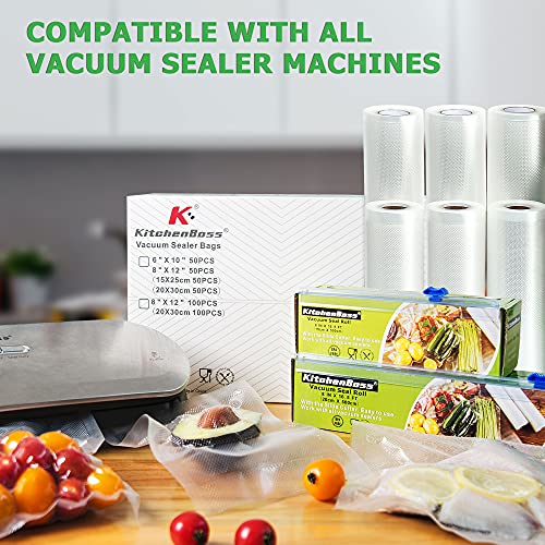 KitchenBoss Vacuum Sealer Bags Rolls: 8"x50' and 11"x50' Total 2 Rolls Vacuum Seal Rolls for Food, Sous Vide Bag Roll for Food Storage and Meal Prep