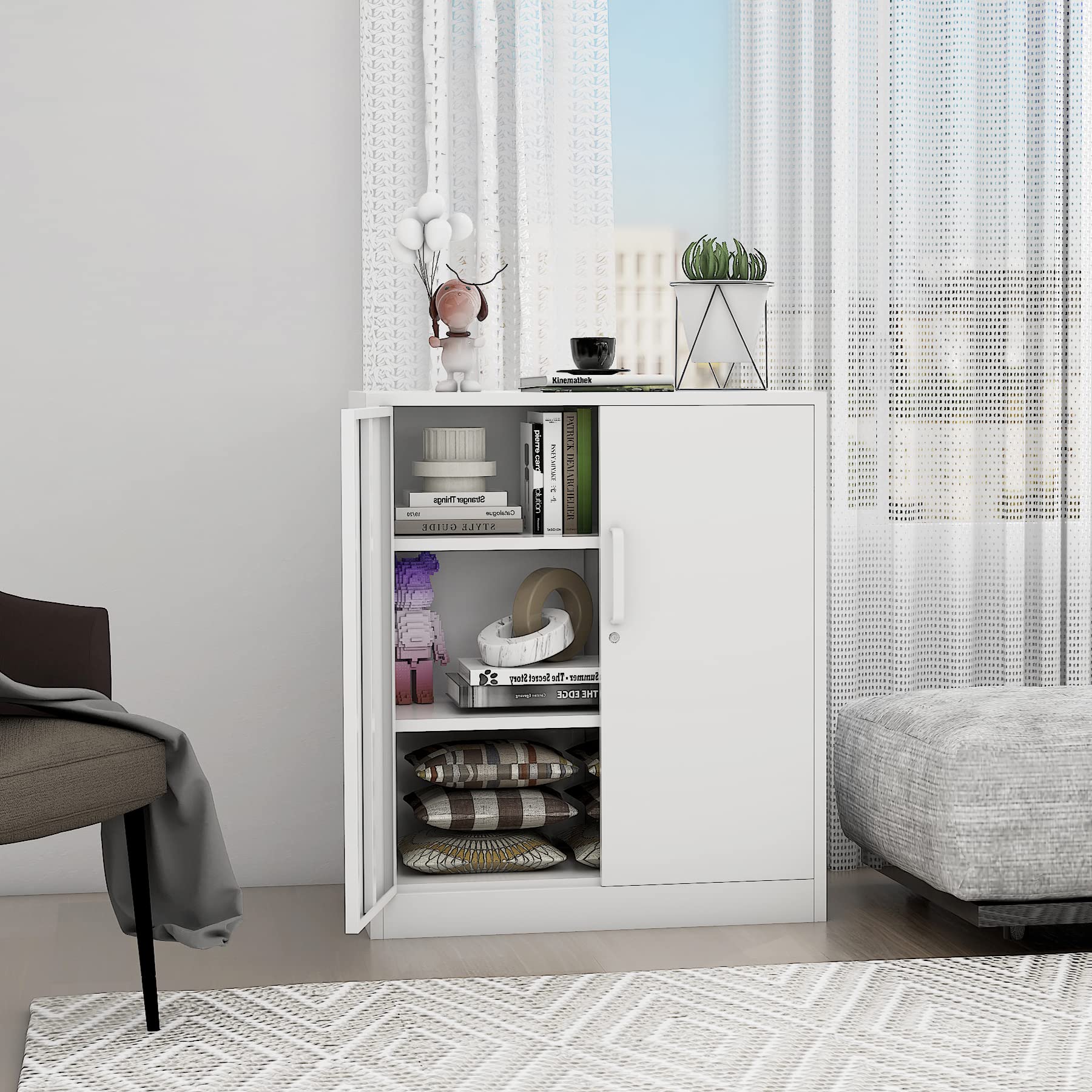Anxxsu Metal Storage Cabinet, Lockable Steel Storage Cabinet with 2 Doors and Shelves, White Metal Cabinet with Lock, Small Locking Cabinet for Home Office