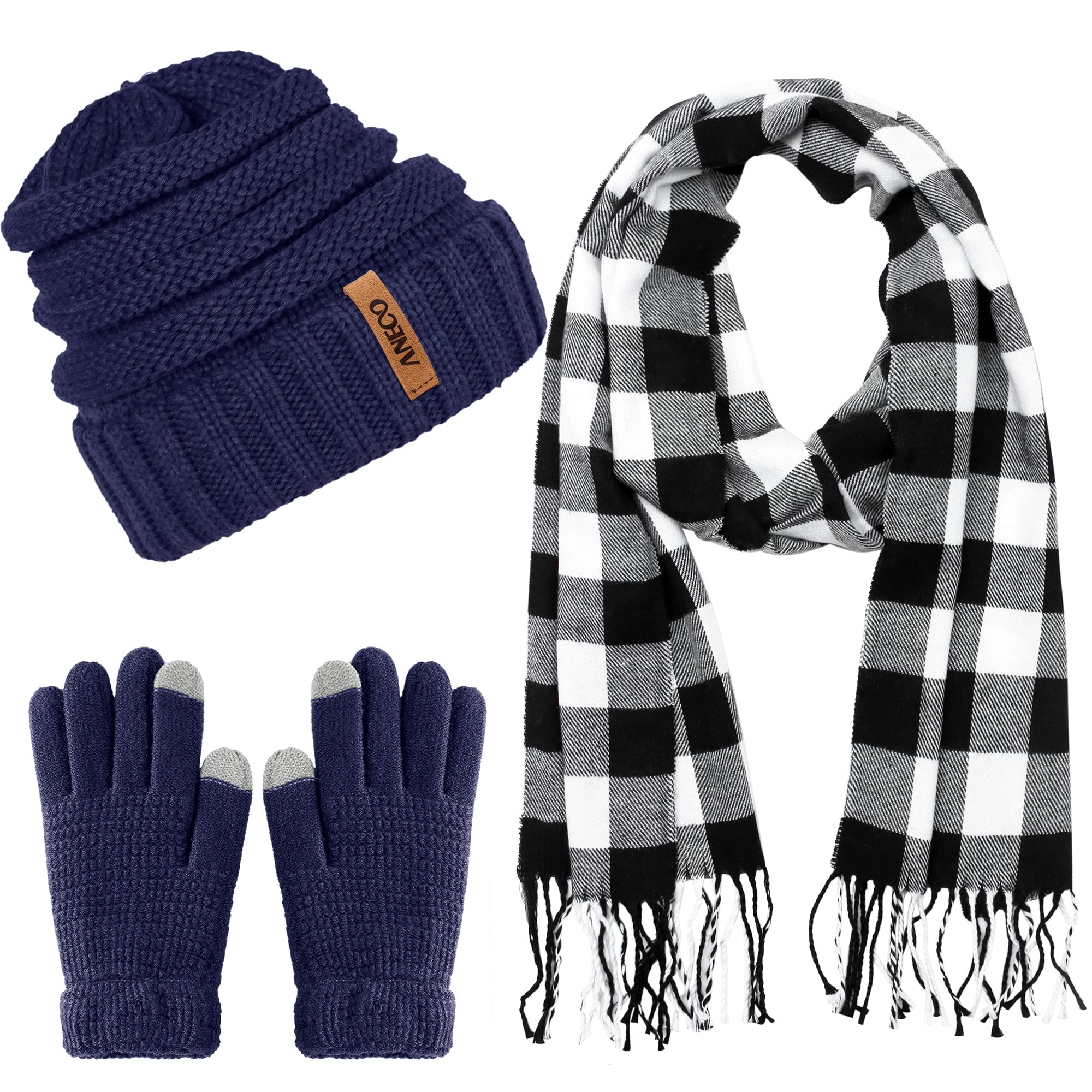 Aneco Winter Warm Knitted Scarf Beanie Hat and Gloves Set Men & Women's Soft Stretch Hat Scarf and Mitten Set