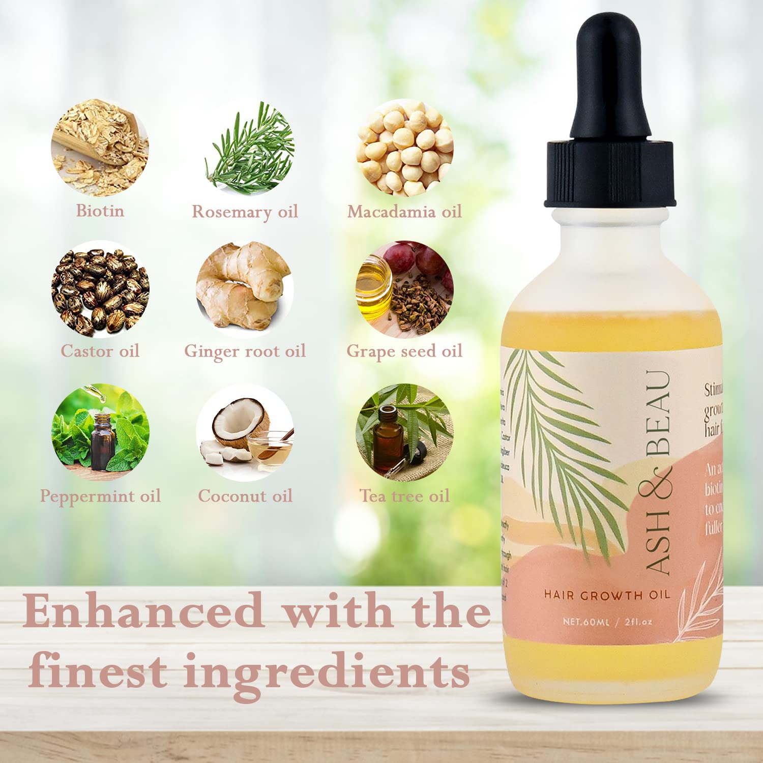 Ash & Beau Hair Growth Oil with Biotin, Rosemary, Castor, Tea Tree, Ginger - Growth Treatment That Promotes Thicker, Longer & Stronger Hair (60ml)